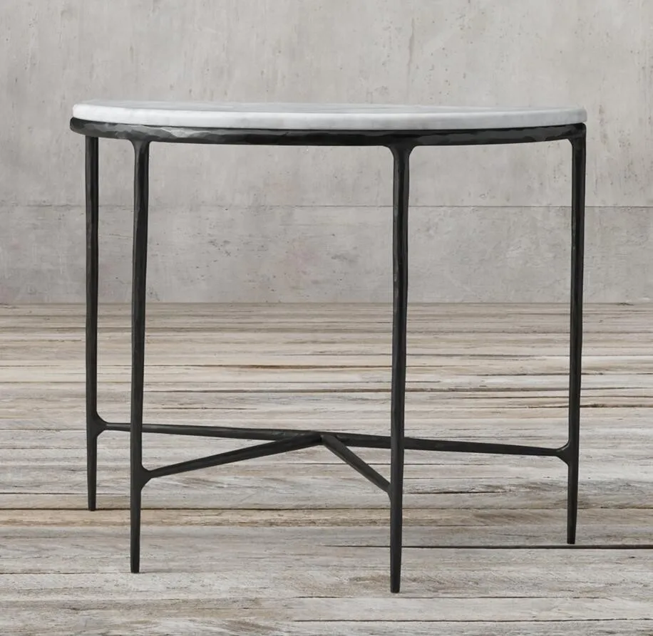 MRS WOODS Half moon forged black iron console table with marble top ...