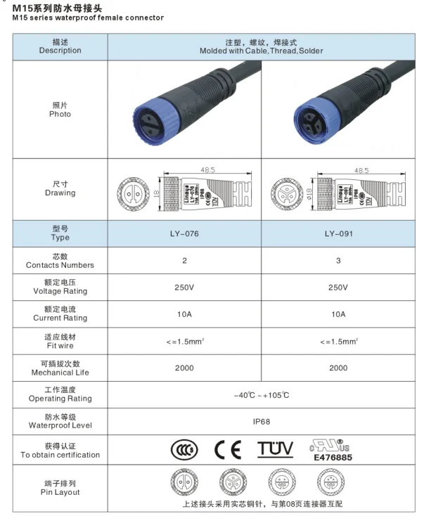 Linoya 2 Pin Connector - IP68 Waterproof Power Cable