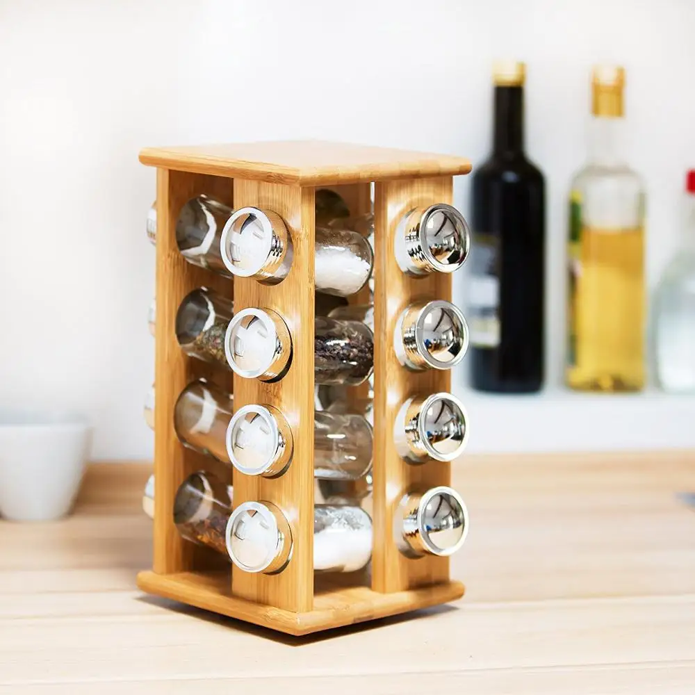 Bamboo 16 Jar Revolving Spice Rack With 16 Glass Spice Jars Buy Spice Racksbamboo Revolving