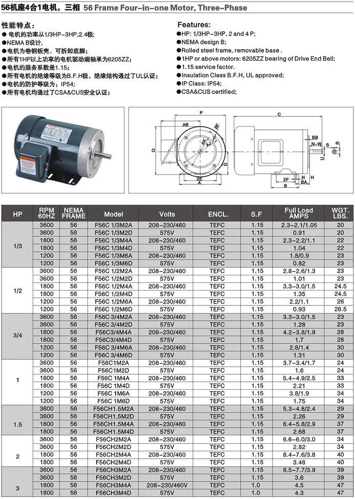 Nema 48 56 Frame 1/3hp 1/2hp 3/4hp 1hp 5hp 10hp Ac Motor For Fan,Three Phase Ac Motor - Buy ...