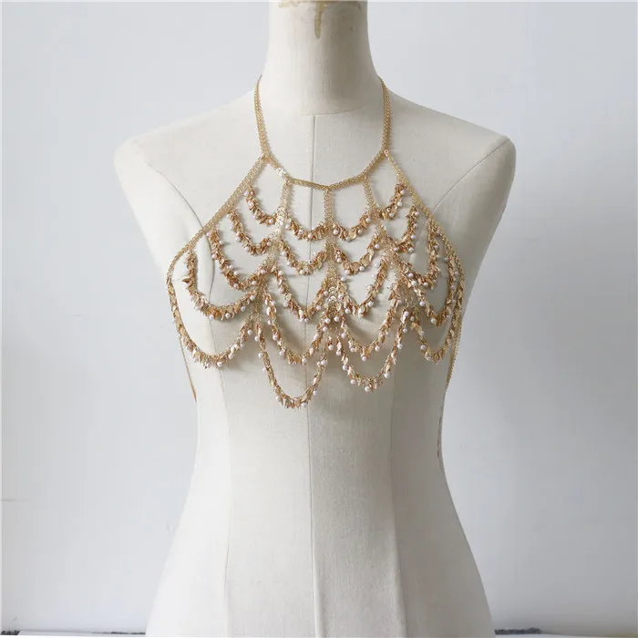 Leaf Pearl Chain Bra Gold Plating Harness Breast Belly Chain Body ...