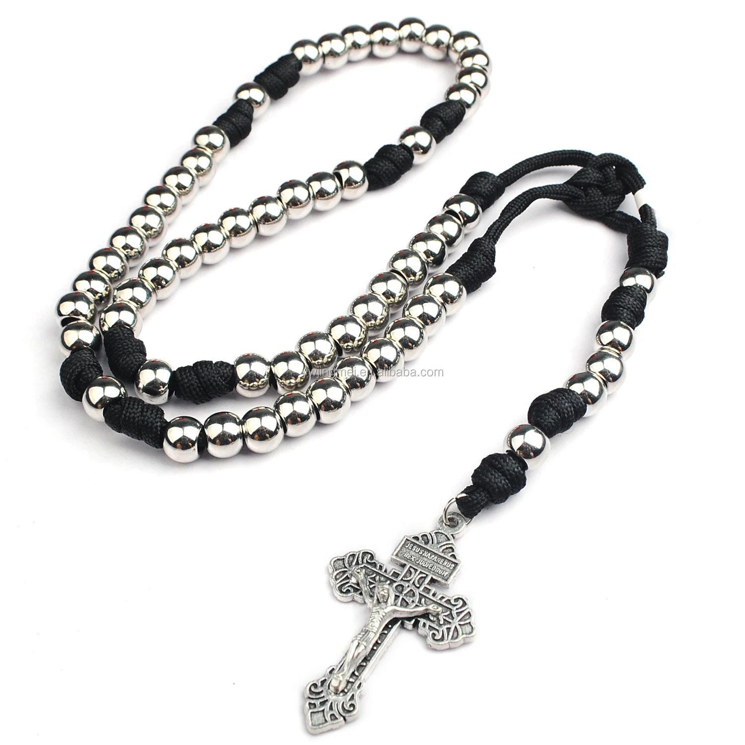 10mm Shiny Rhodium Plated Beads Paracord Strong Rosary for Men