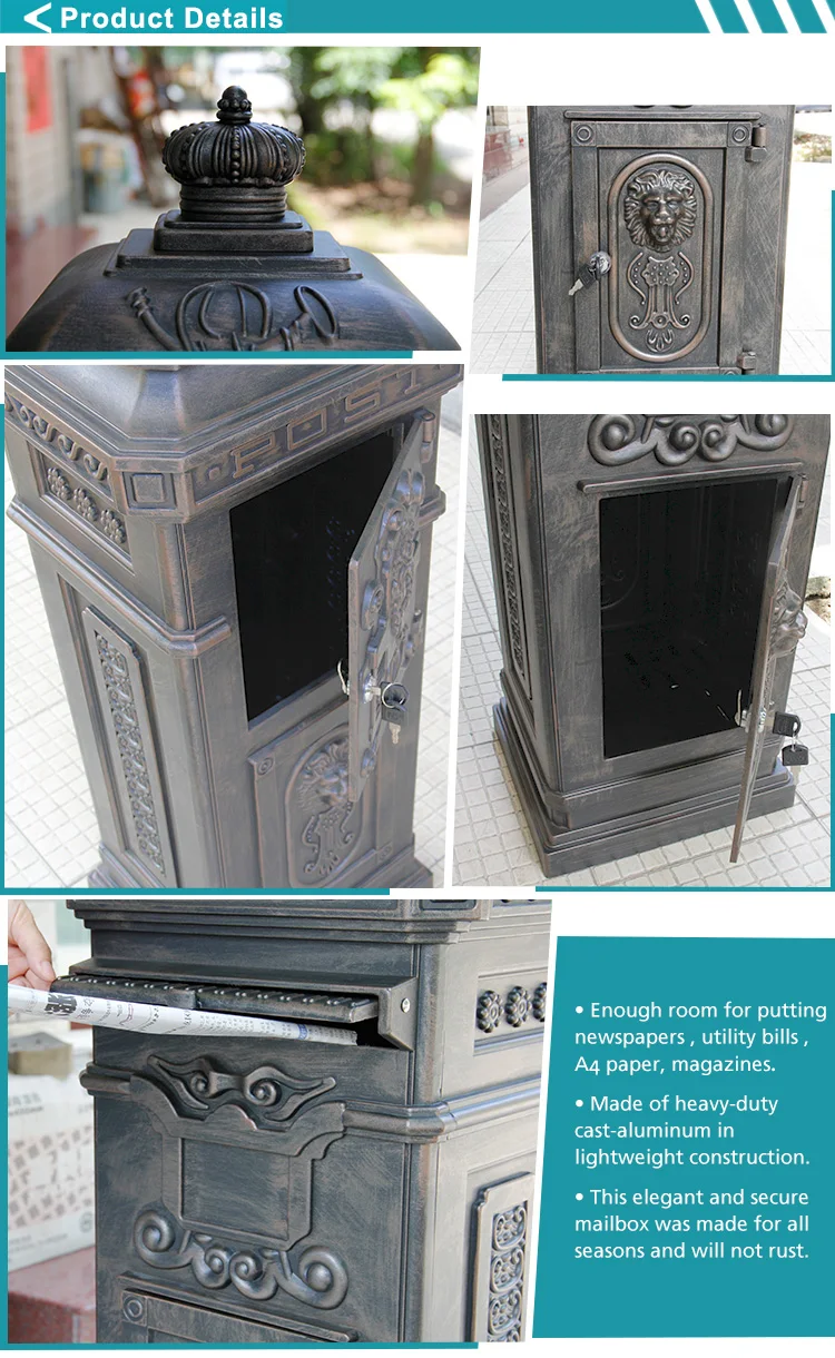 Free Standing Cast Aluminum Mailbox Steel Post Box Letter Box Iron Mail ...