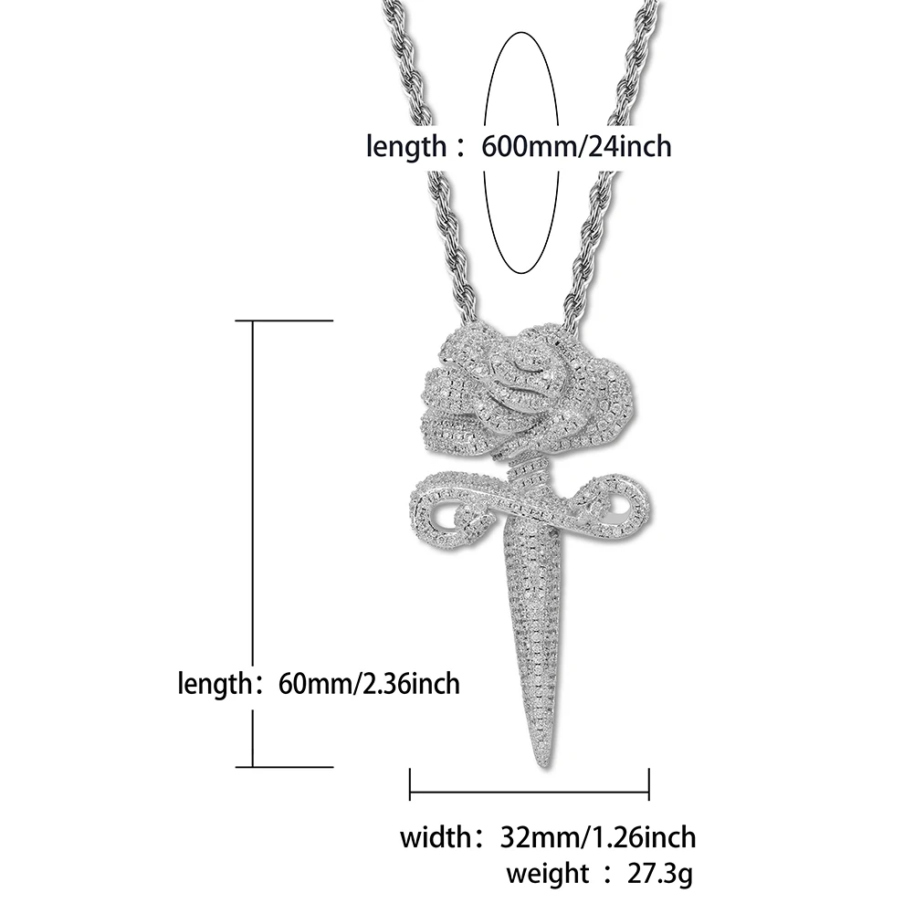 New Designed Iced Out Rose Flower Pendant Solid Back Necklace Hip Hop ...