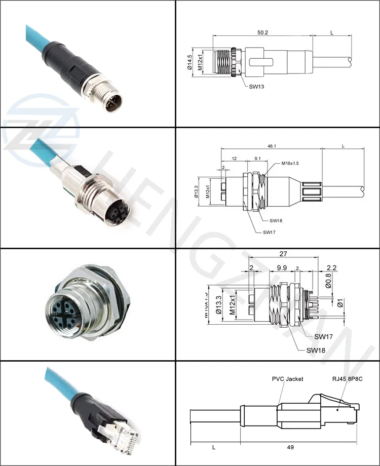 Ethernet Cable M12 8 Pin X Coded to RJ45 Connector