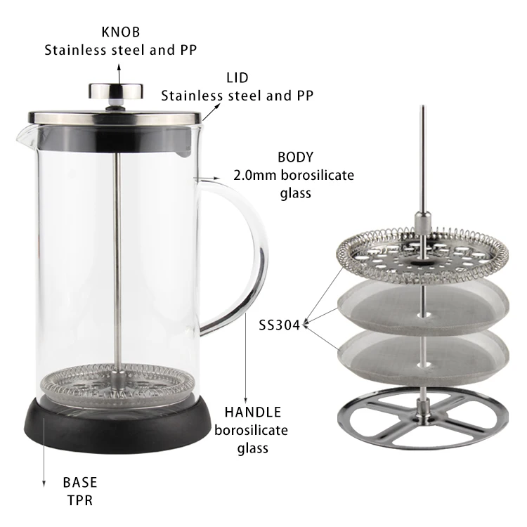 French Press Pyrex Coffee Plunger 304 Stainless Steel Thick Durable ...