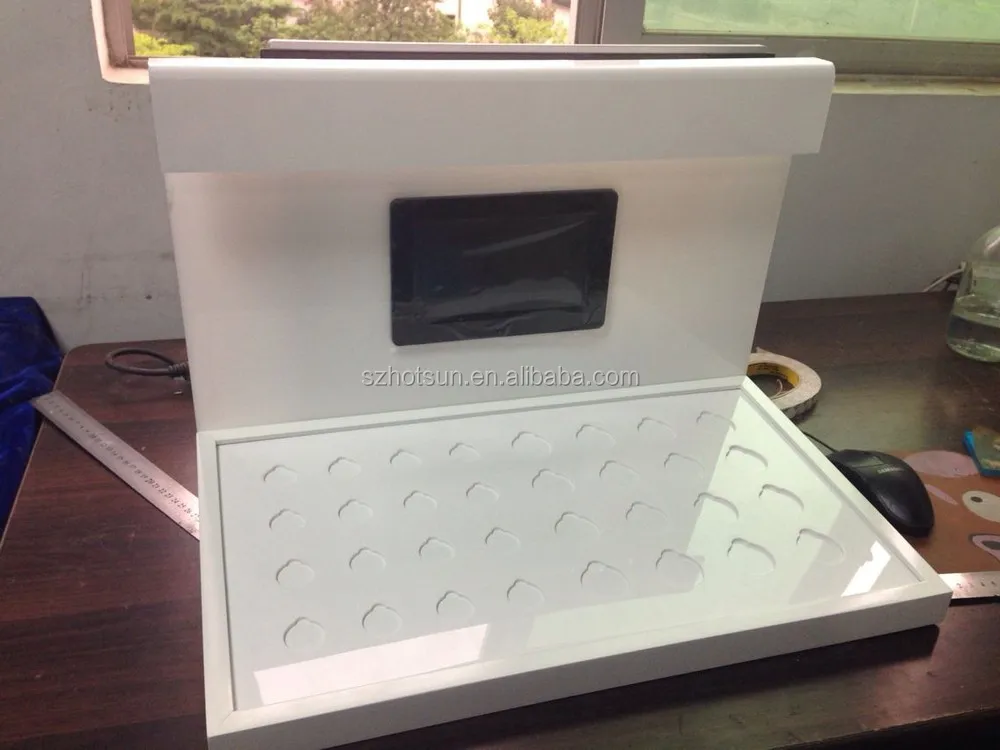 White Acrylic Counter Top Display With Lcd Display Customized Pos ...