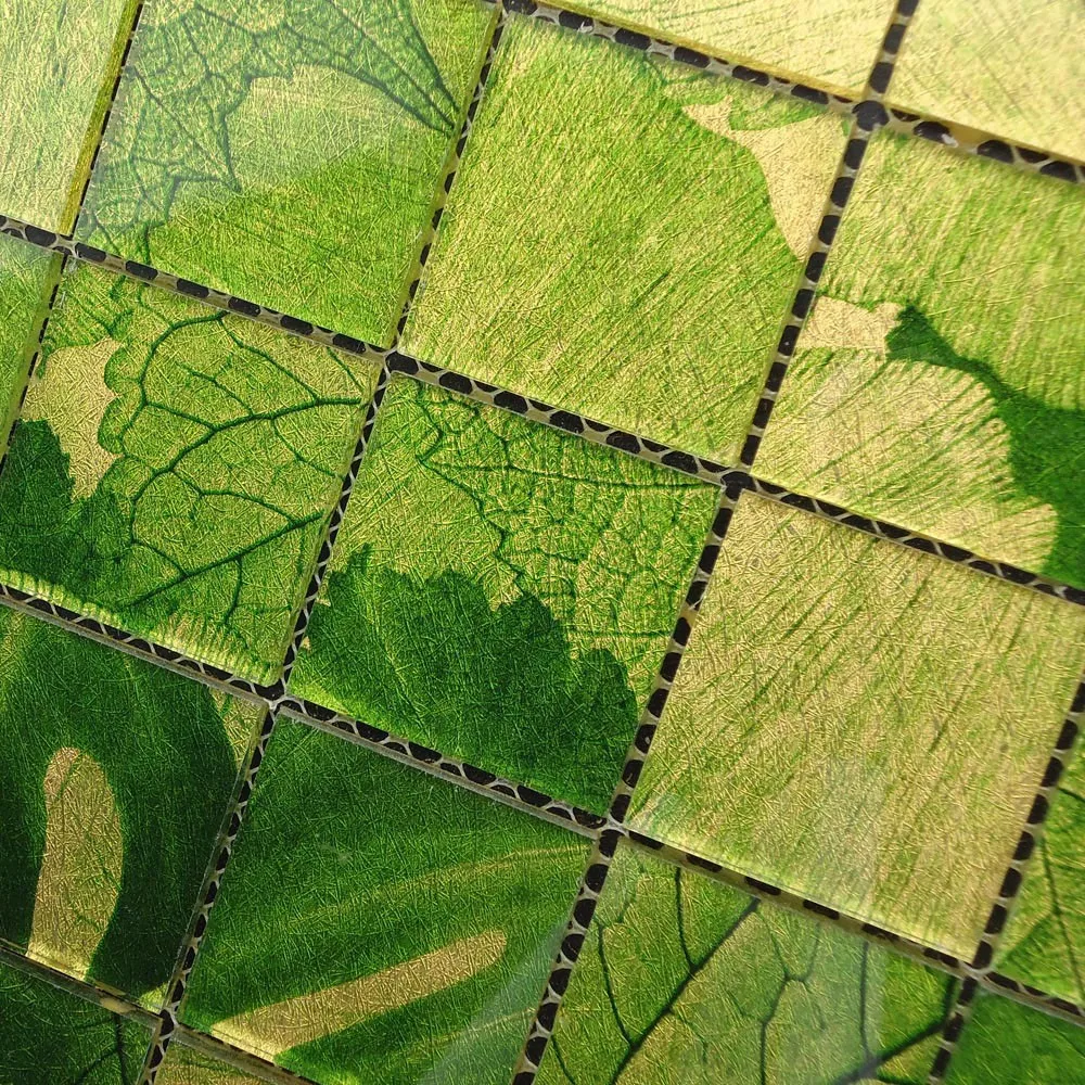 Green Leaf Pattern Glass Mosaic Brick Tile For Television Backdrop ...