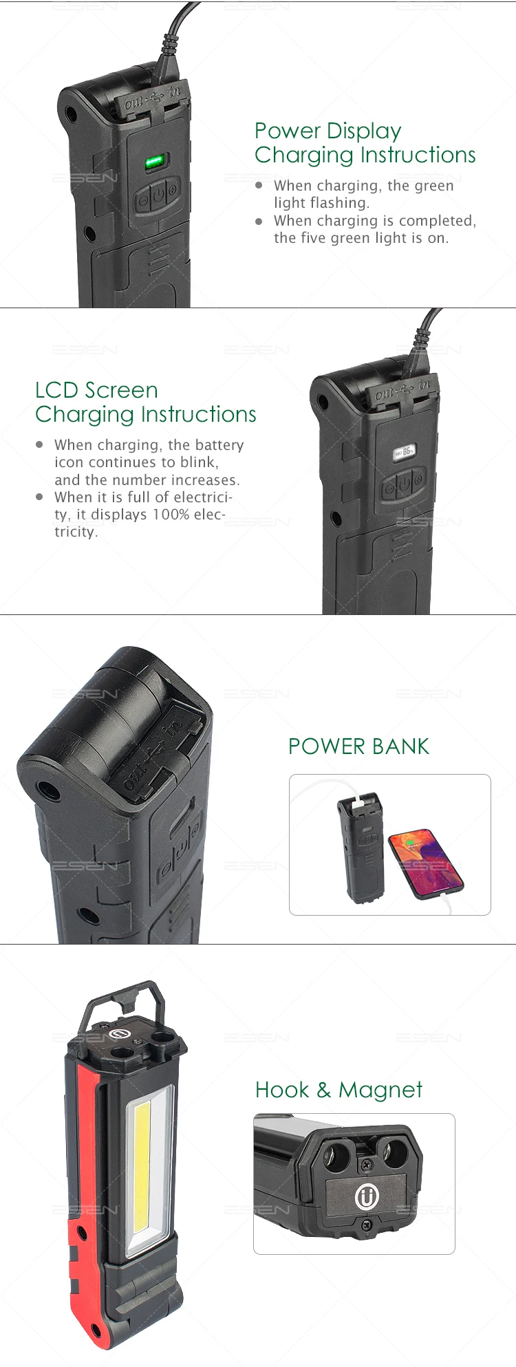 ESEN Handheld Work Light - Portable LED with 18650 Battery