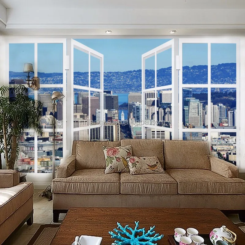 City Mural Wallpaper Seamless Window Views Sea Blue Sky Grass Wallpaper ...
