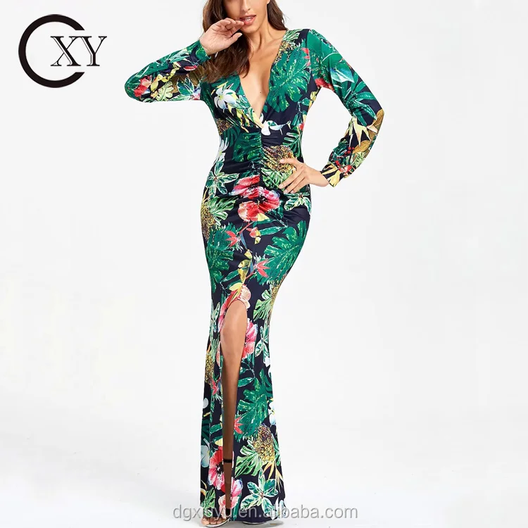 Oem Elegant Tropical Print Long Sleeves Women Bodycon Prom Dress Maxi ...