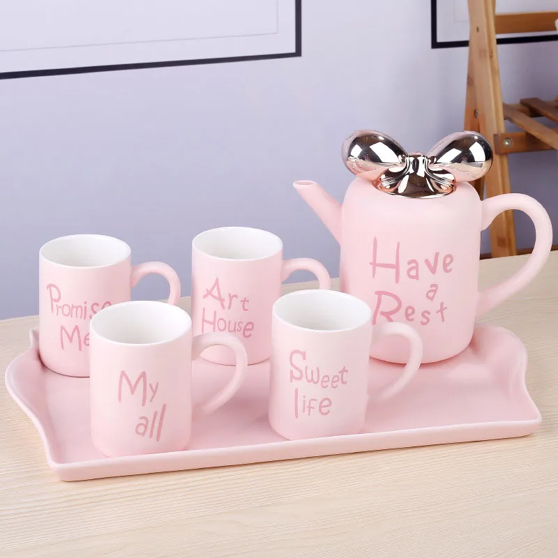 Pink Teapot Minimalist Sublimation Ceramic Mug Tea Cup Sets With Tray ...