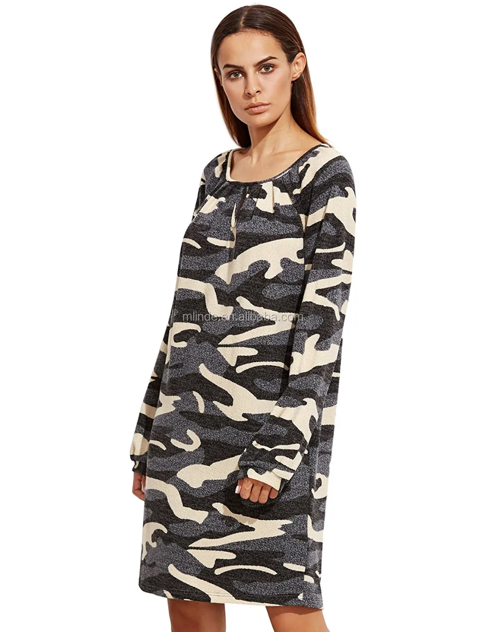 Women's Round Neck Camouflage Dresses Long Sleeve Casual Loose Camo ...