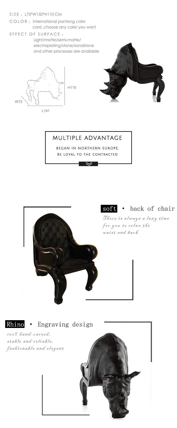 Rhino Animal Leather Leisure Sofa - Classic Living Room Furniture