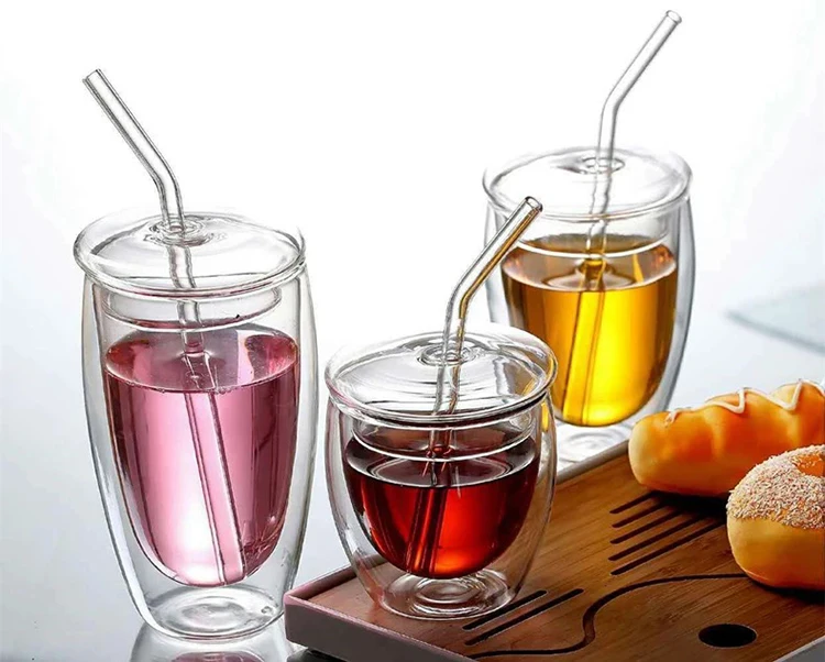 Bubble Tea Glass Cup Glass Double Wall Tumbler Mug With Straw And Lid ...