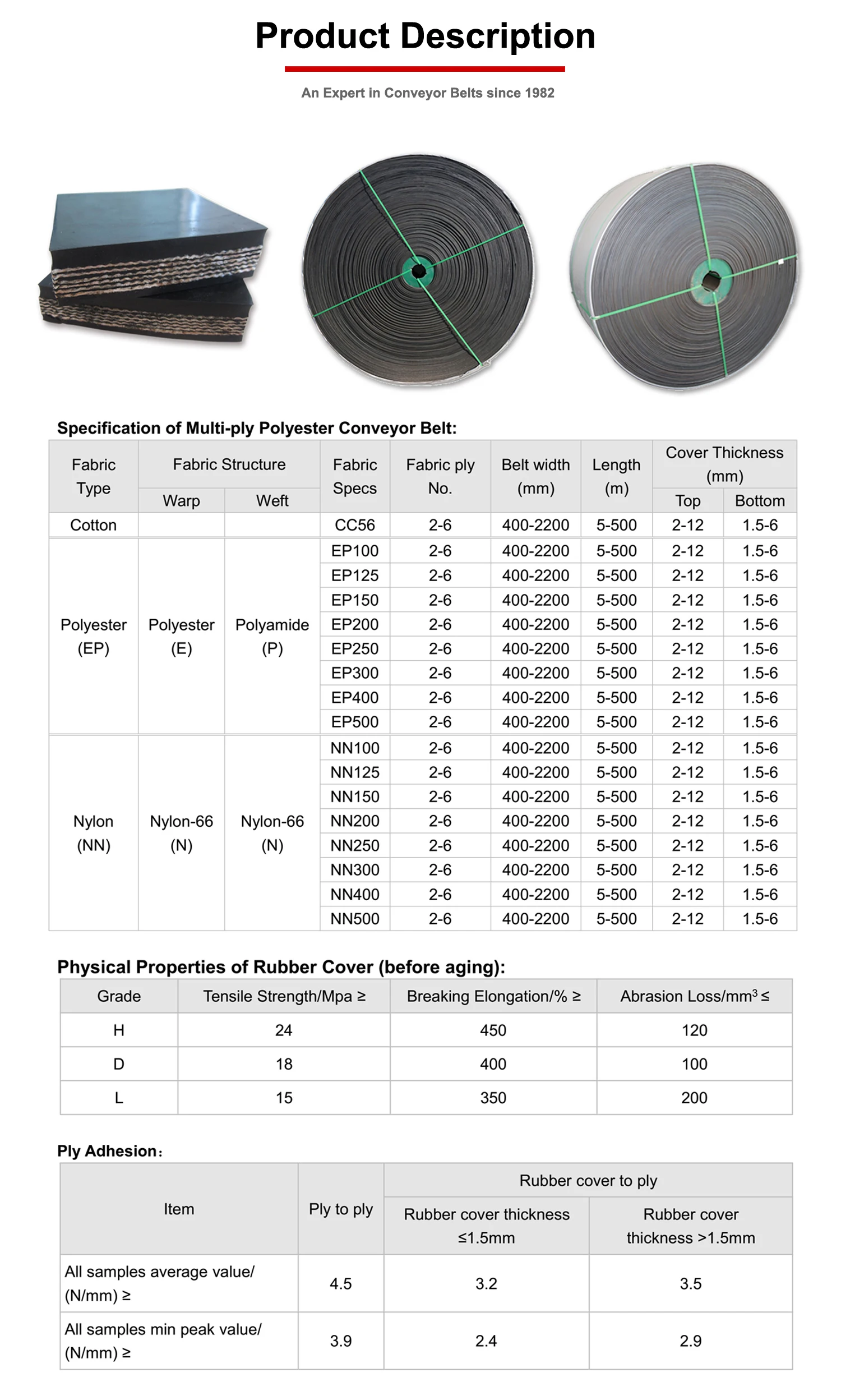 Cinta transportadora DIN22102 EP630/4 HUAYUE 4-30mm 400-2200mm
