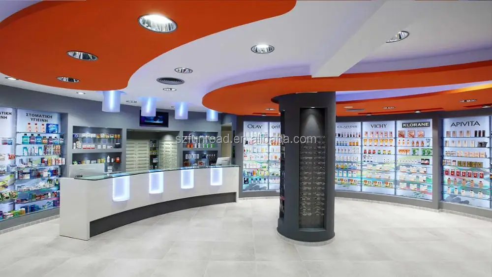 Pharmacy Store Interior Furniture Reception Desk Display Cabinet Design ...