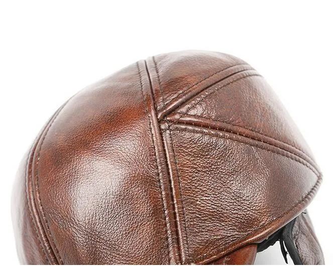 Vintage Brown Top Leather Driving Cap For Dad With Back Flap Earmuff ...