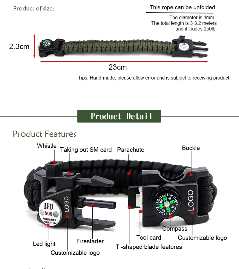 Survival Led Light Whistle Buckle Paracord Rope Charm Bracelet ...
