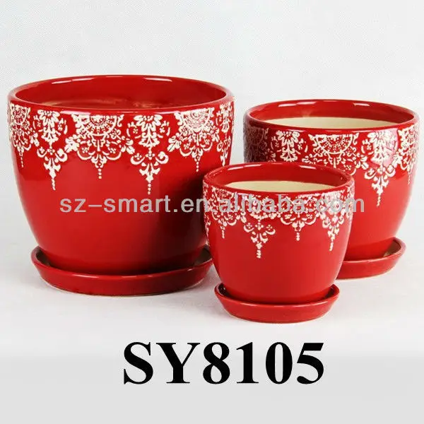 Chinese Red Glazed Ceramic Flower Pot Selling In Set - Buy Chinese ...