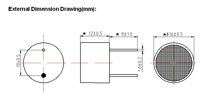 25khz 40khz 16mm Sensor Ultrasonic Piezo Buzzer Dimensions