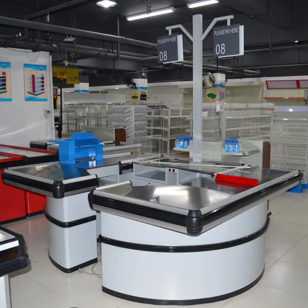 Double Sided Big Supermarket Cashier Used Checkout Counter With Light ...