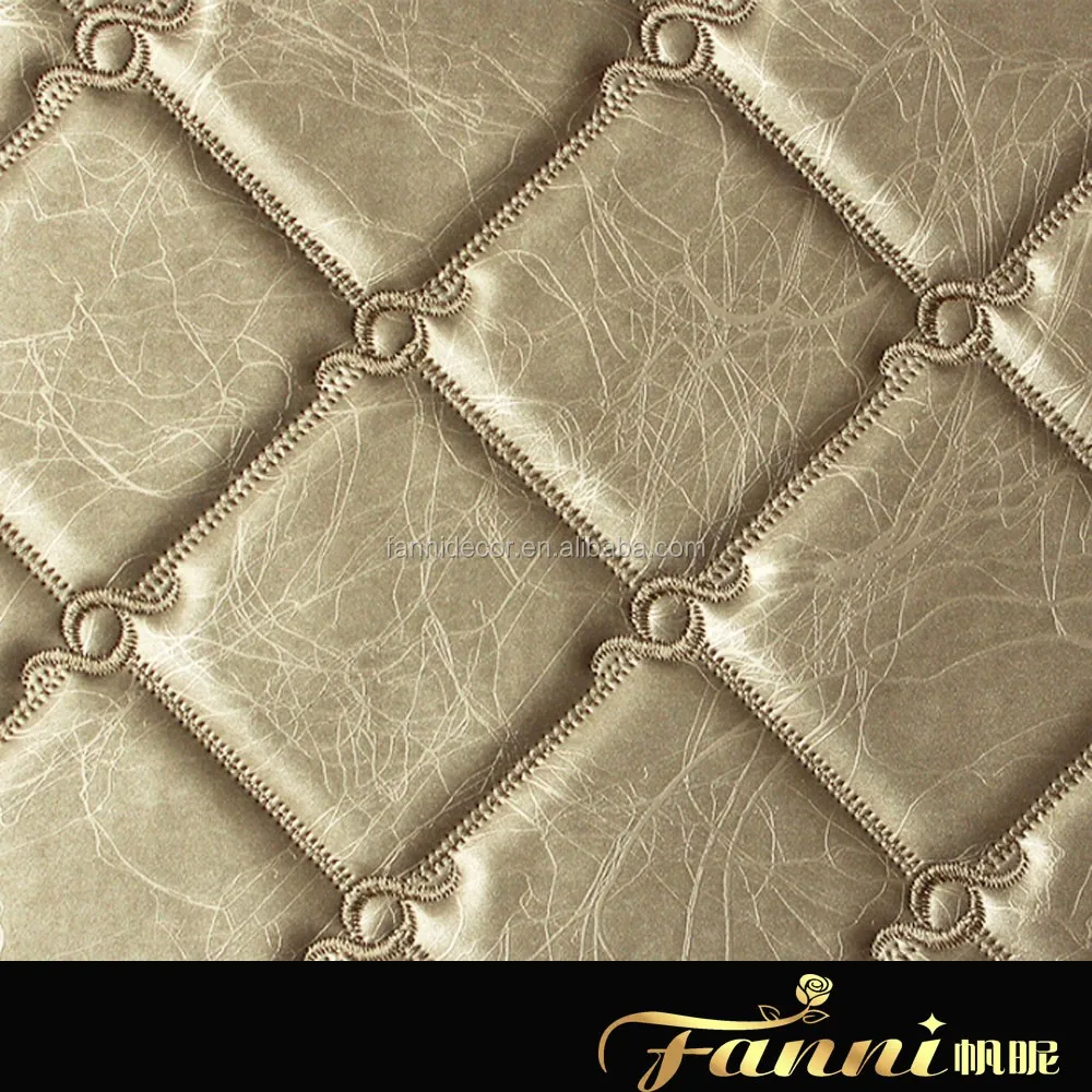 Hotel Wall Decorative Leather With Foam Backing Embroidered Rexine With ...