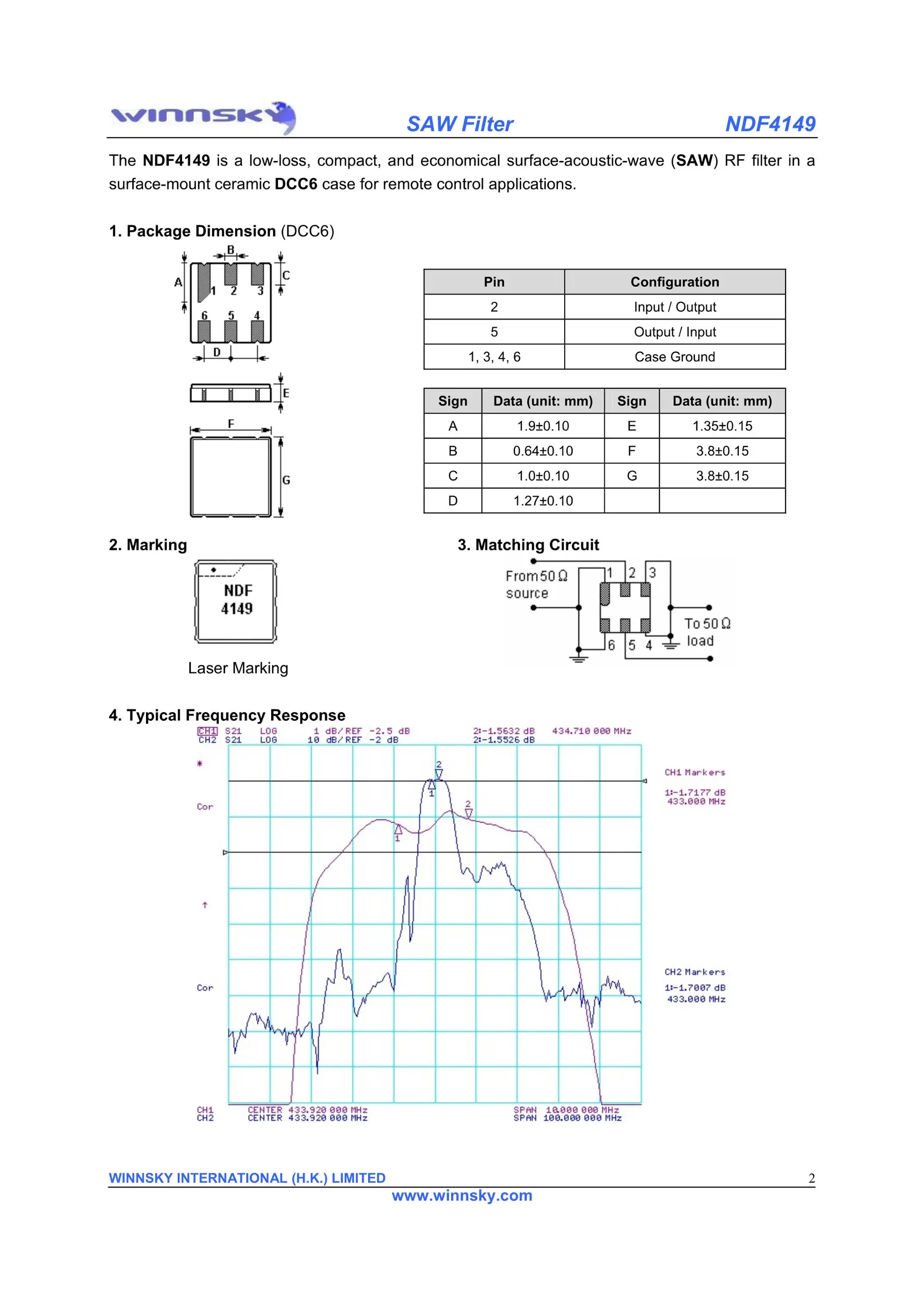Winnsky Ndf4149 433.92mhz 3.8*3.8mm 6pins Smd Saw Filter - Buy Winnsky ...
