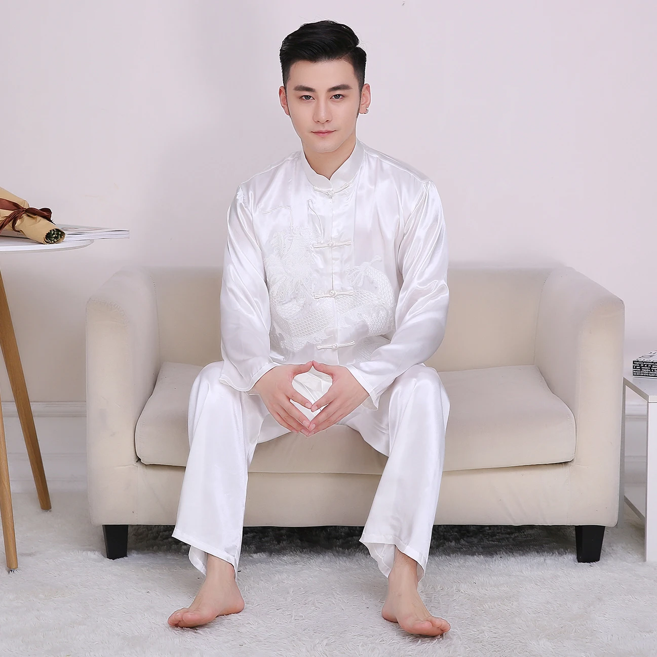 Chinese Style Adult Onesie Pajamas Men Luxury Men's Embroidery Silk ...