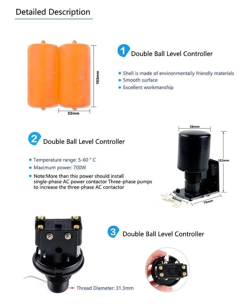 Double Ball Float Switch Liquid Fluid Water Level Float Switch Controller Contactor Sensor 70ab ...