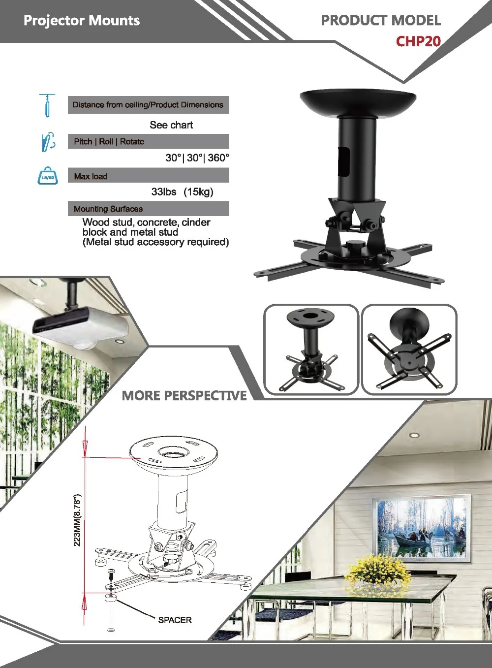 Rotate 360 Degrees Pitch Adjustable Flip Down Projector Ceiling Mount ...