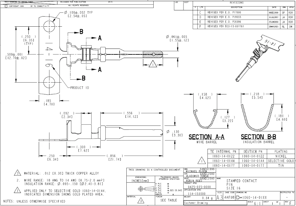 Dt Series 1060-16-0122 16-18awg Male Pin/contacts Stamp Type Nickel ...