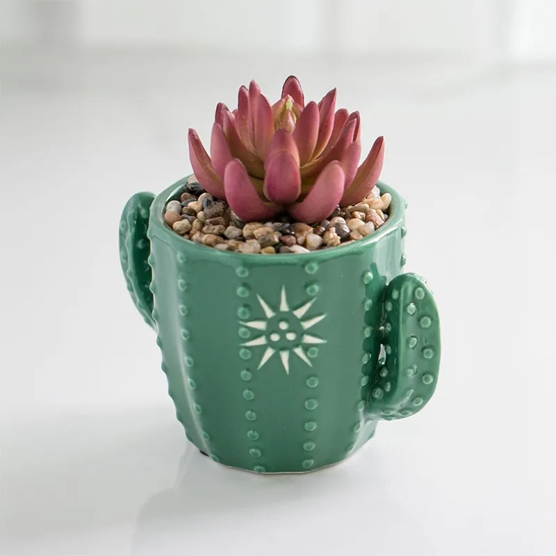 Ceramic Cactus Shape Pot With Artificial Succulent Plant For Table ...