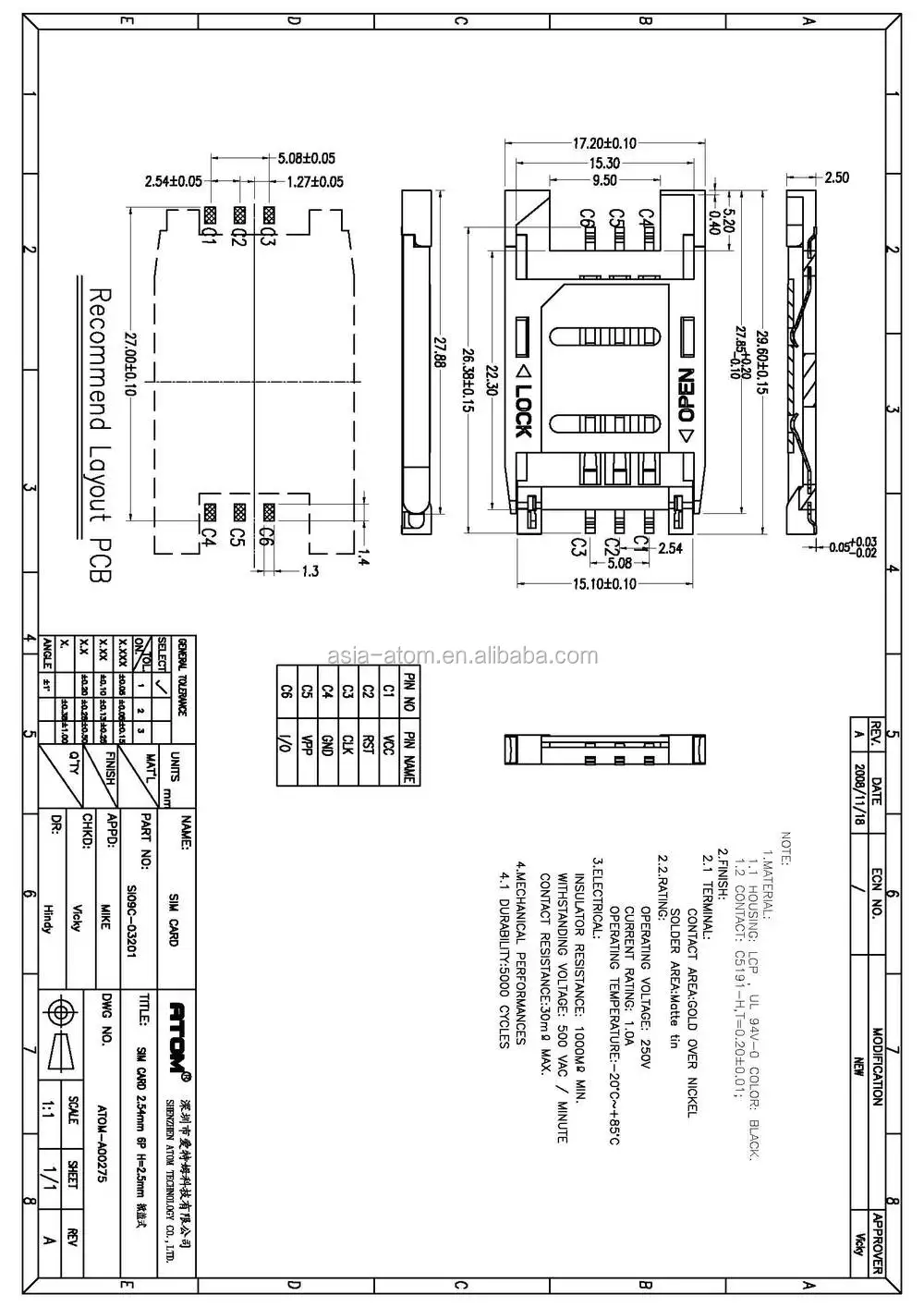 Atom Manufacturer High Quality Sim Card Holder Connector 6 And 8 Pins