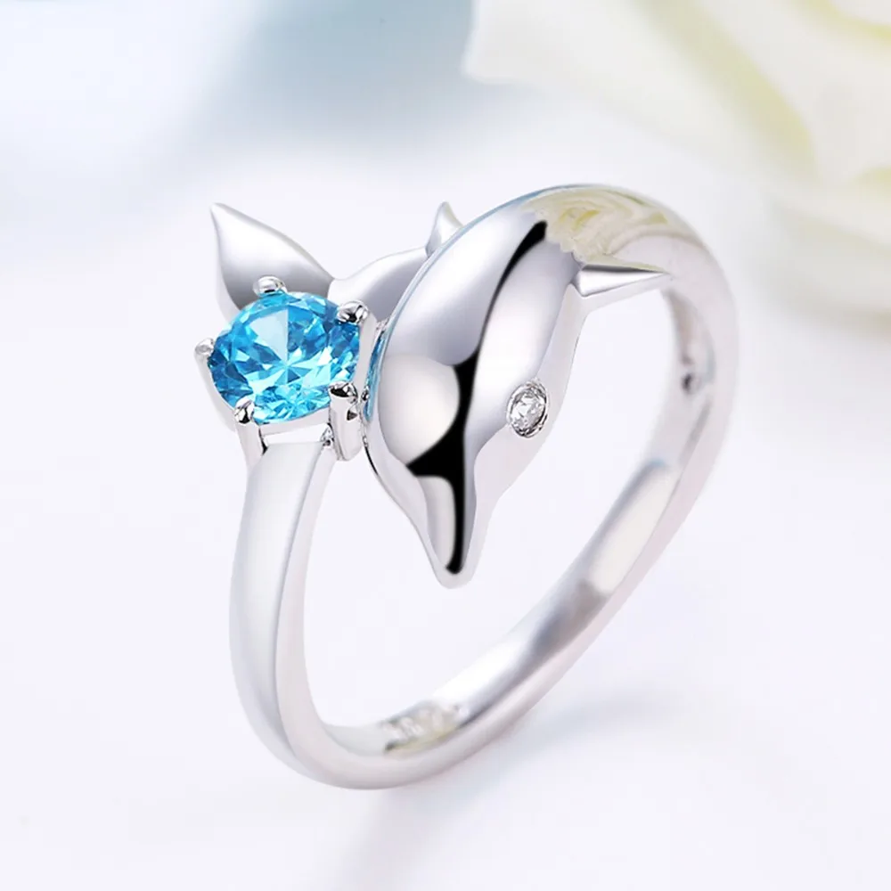 925 Sterling Silver Dolphin Shaped Ring with Blue Gemstone - Classic ...