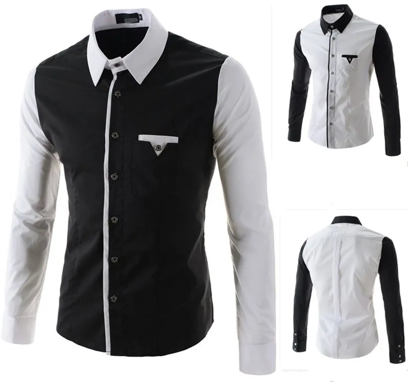 A3932 Stylish Black And White Stitching Shirts Unique Silver Button Men ...