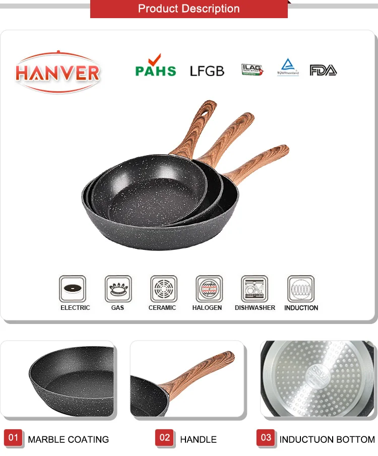 Masterclass Wood Handle Cookware Marble Coating Pan Induction Set ...
