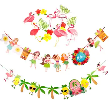Hawaiian Luau Garland Ribbon Banners Tropical Hibiscus Flowers Flamingo ...