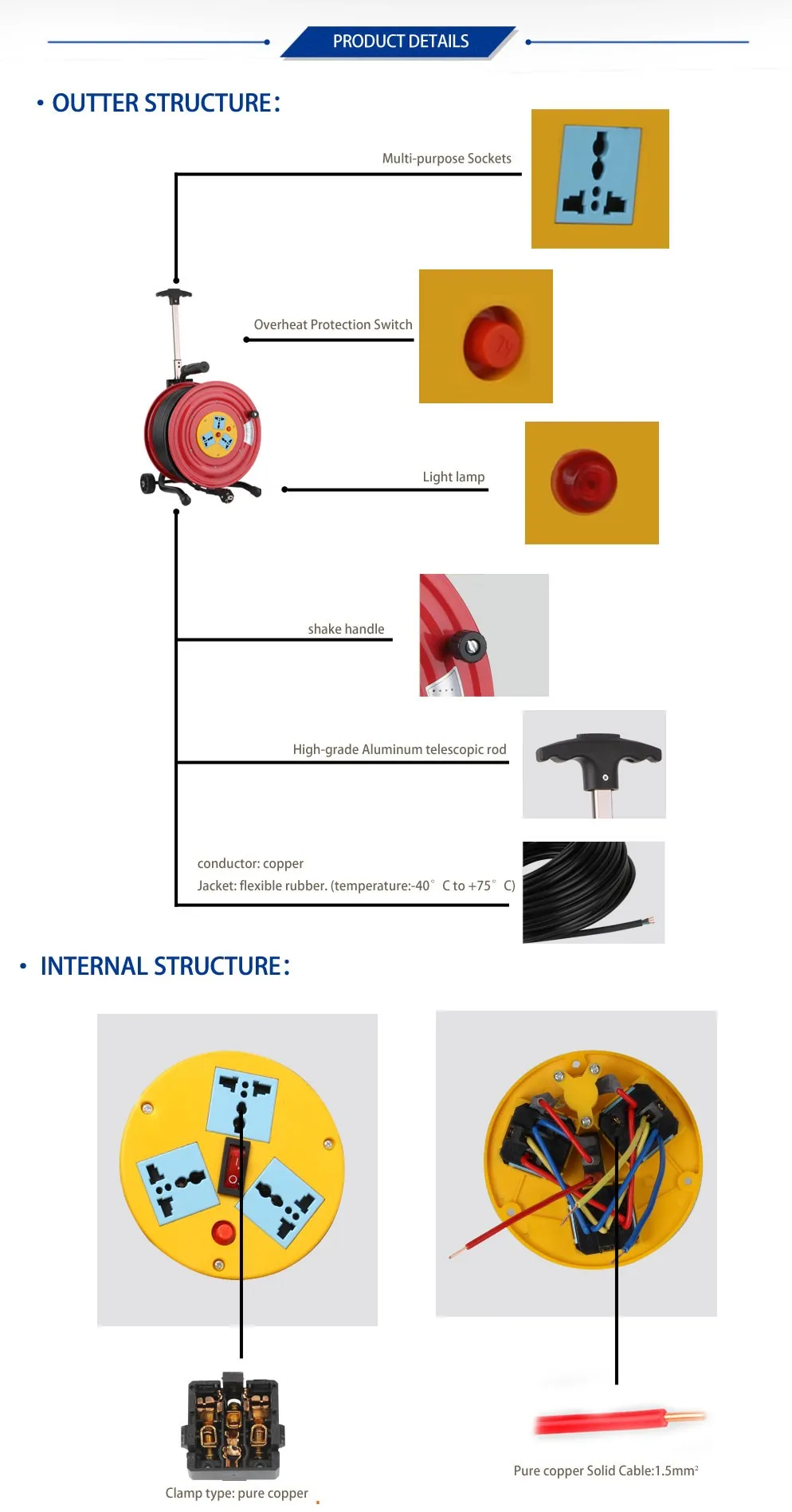 Outdoor Metal Electric Extension Coil Cable Reel With 3 Outlet Socket 3 ...