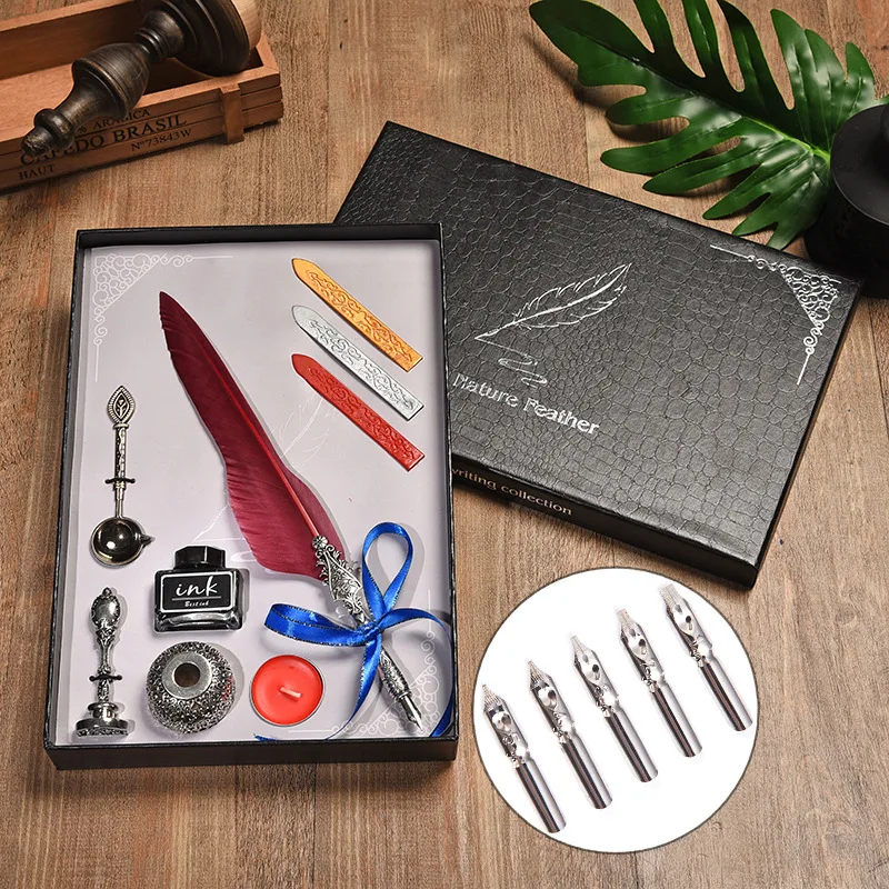 2021 Best Gifts Feather Quill Pen And Ink Set Fancy Holder 5 ...