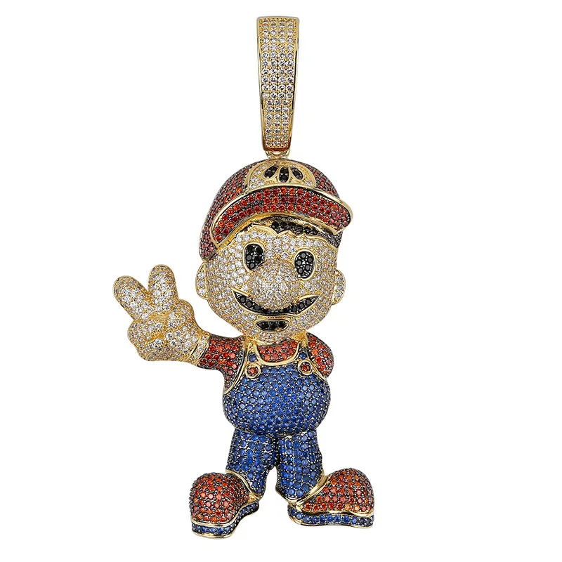 Hiphop Iced Out Cartoon Character Zircon Mario Big Pendant Cuba Chain