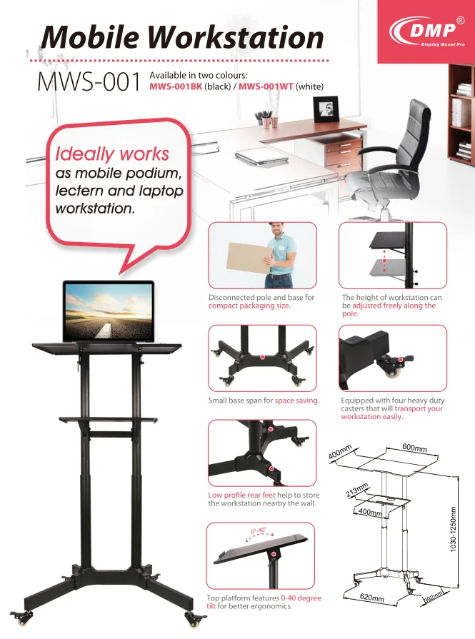 Pneumatic Height Adjustable Rolling Mobile Workstation