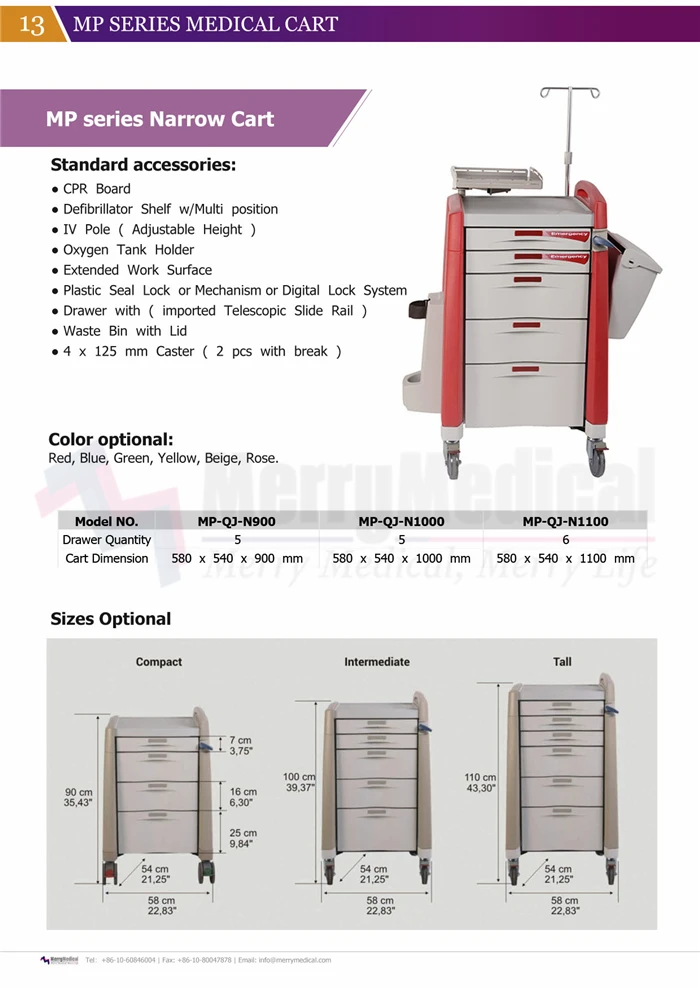 Rescue Emergency Room Medical Crash Cart - 6 Red Drawers