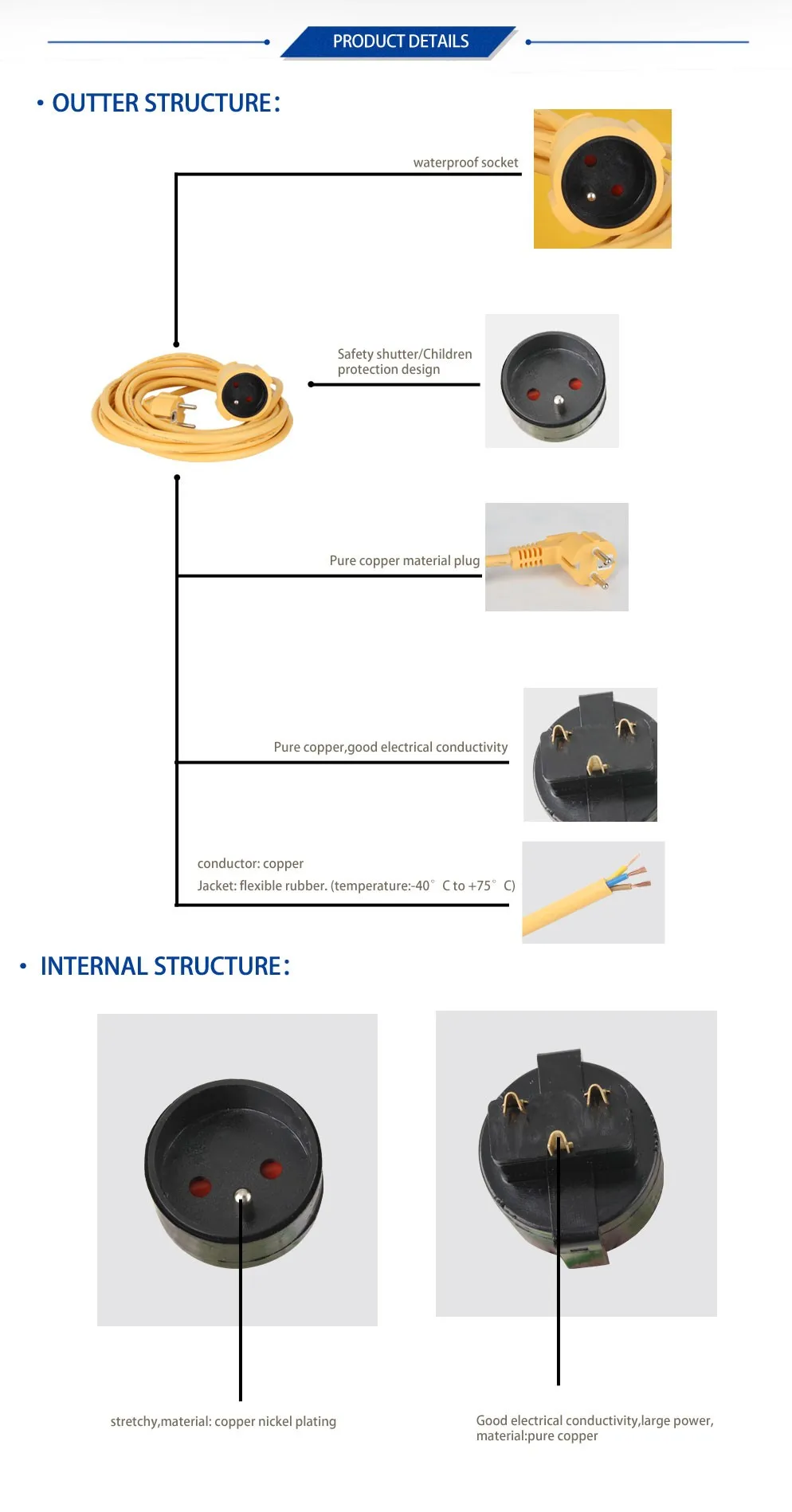 French Standard Power Extension Cord 220v 30m 40m 50m Electric Outdoor ...