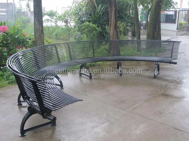 Steel Pipe Seat Pan and Cast Iron Bench Ends Outdoor Metal Curved Bench