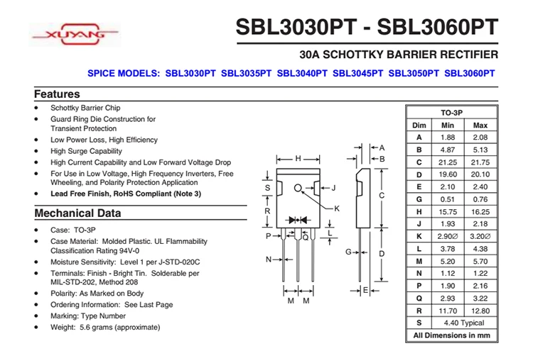 30.0a High Power Schottky Barrier Rectifier Sbl3045pt Diode To-3p - Buy ...