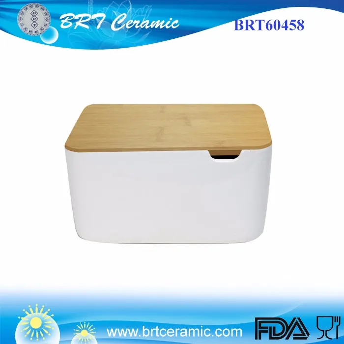 White Ceramic Cover Baker With Bamboo Lid Bread Box - Buy Bread Box ...
