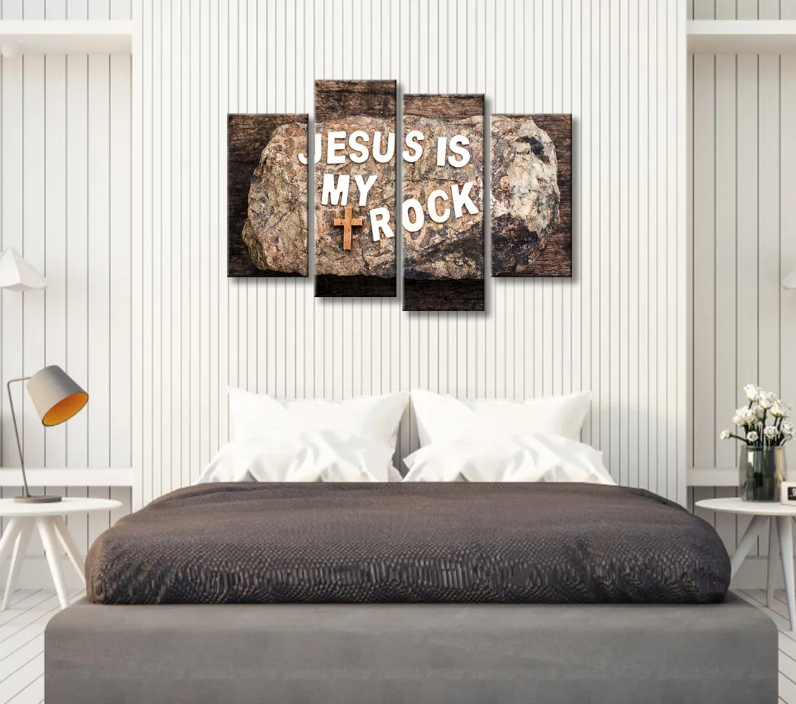 4 Panels Bible Verse Wall Art Jesus Is My Rock Quotes Print On Canvas ...
