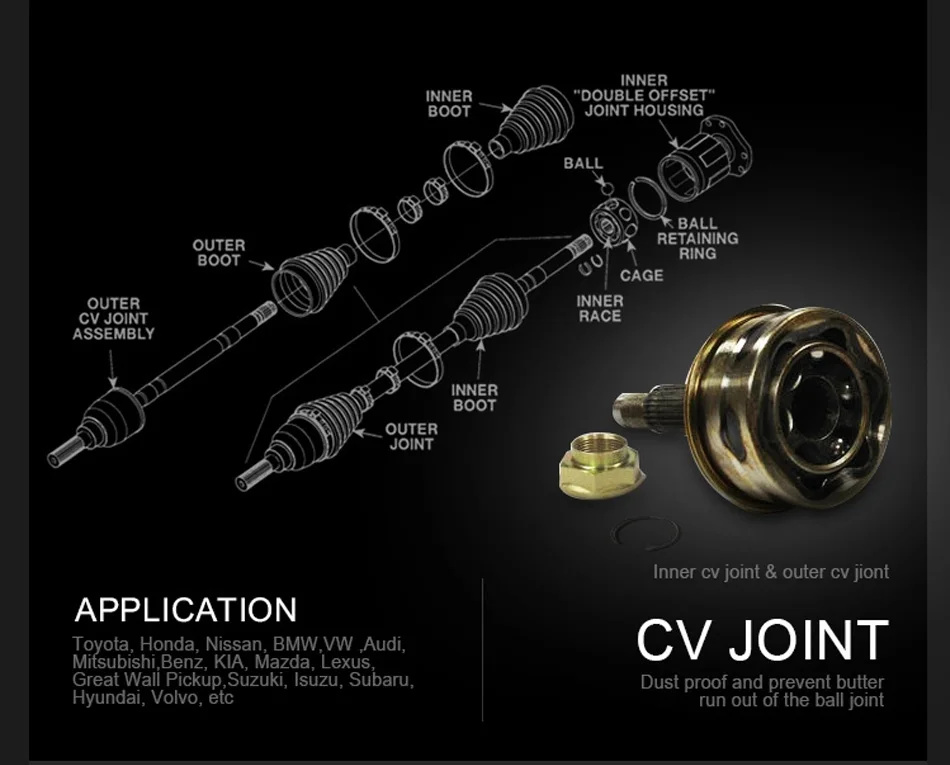 Outer CV Joint Universal CV Boot Drive Shafts for Toyota
