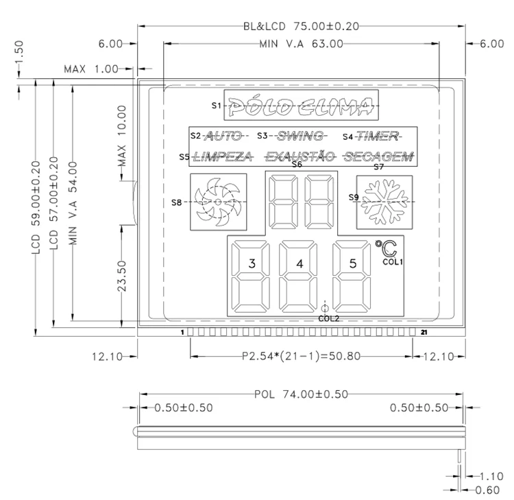 Custom 7 segment VA type monochrome LCD display
